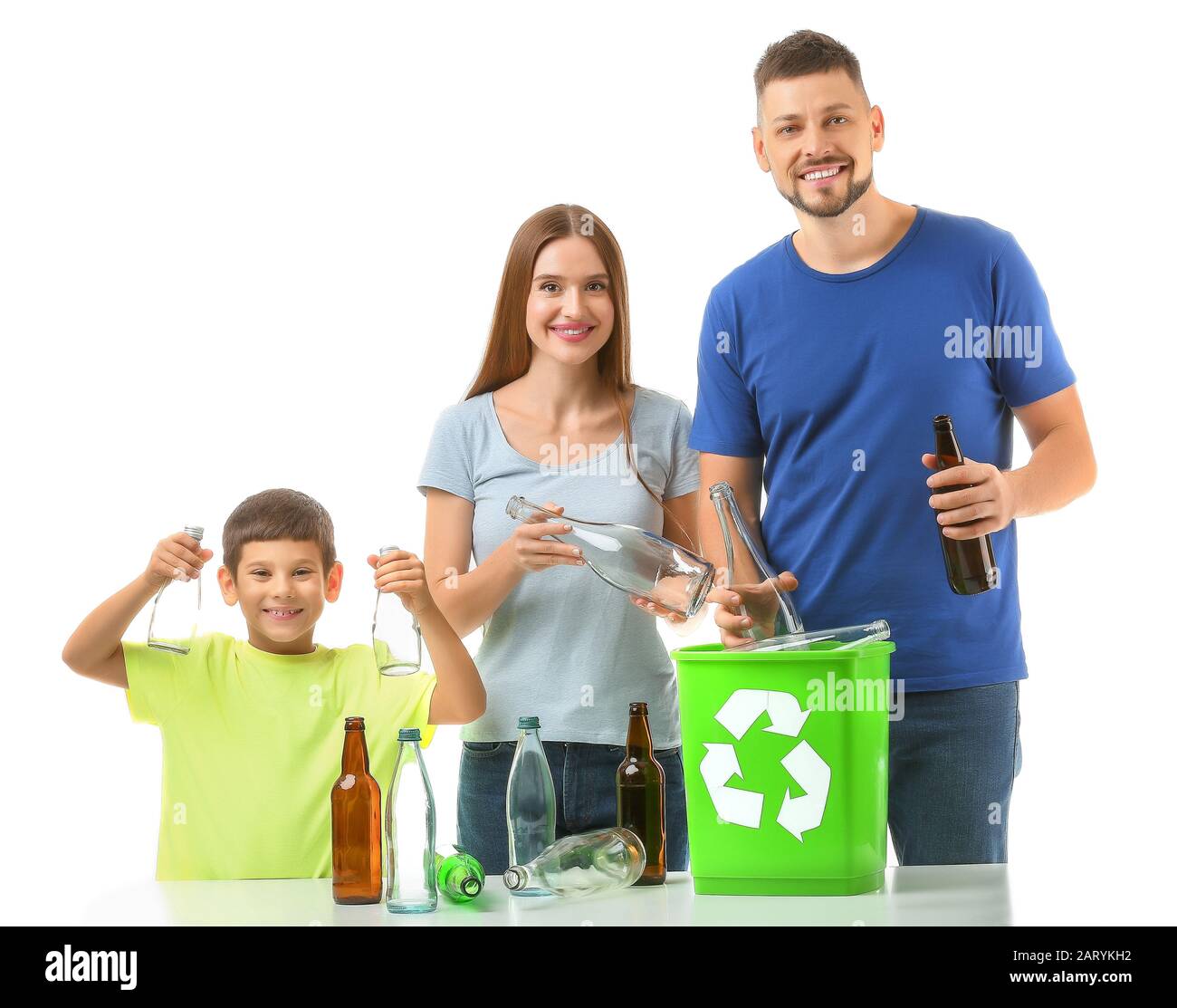 Family with container for garbage on white background. Concept of ...