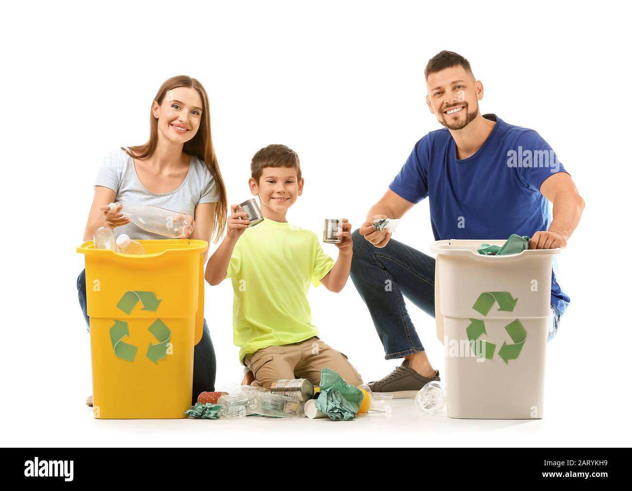 Family with containers for garbage on white background. Concept of ...