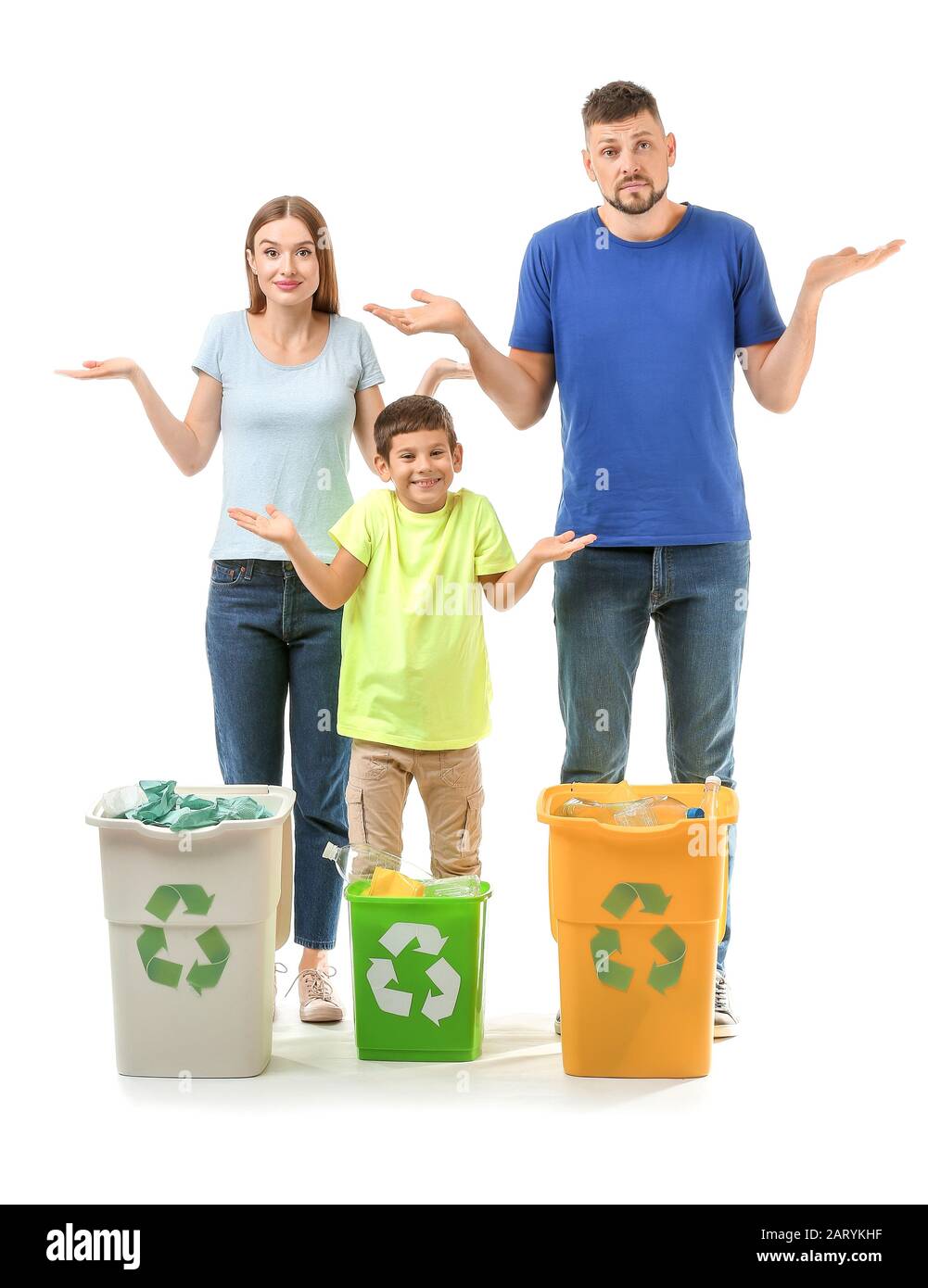 Helpless family with containers for garbage on white background ...