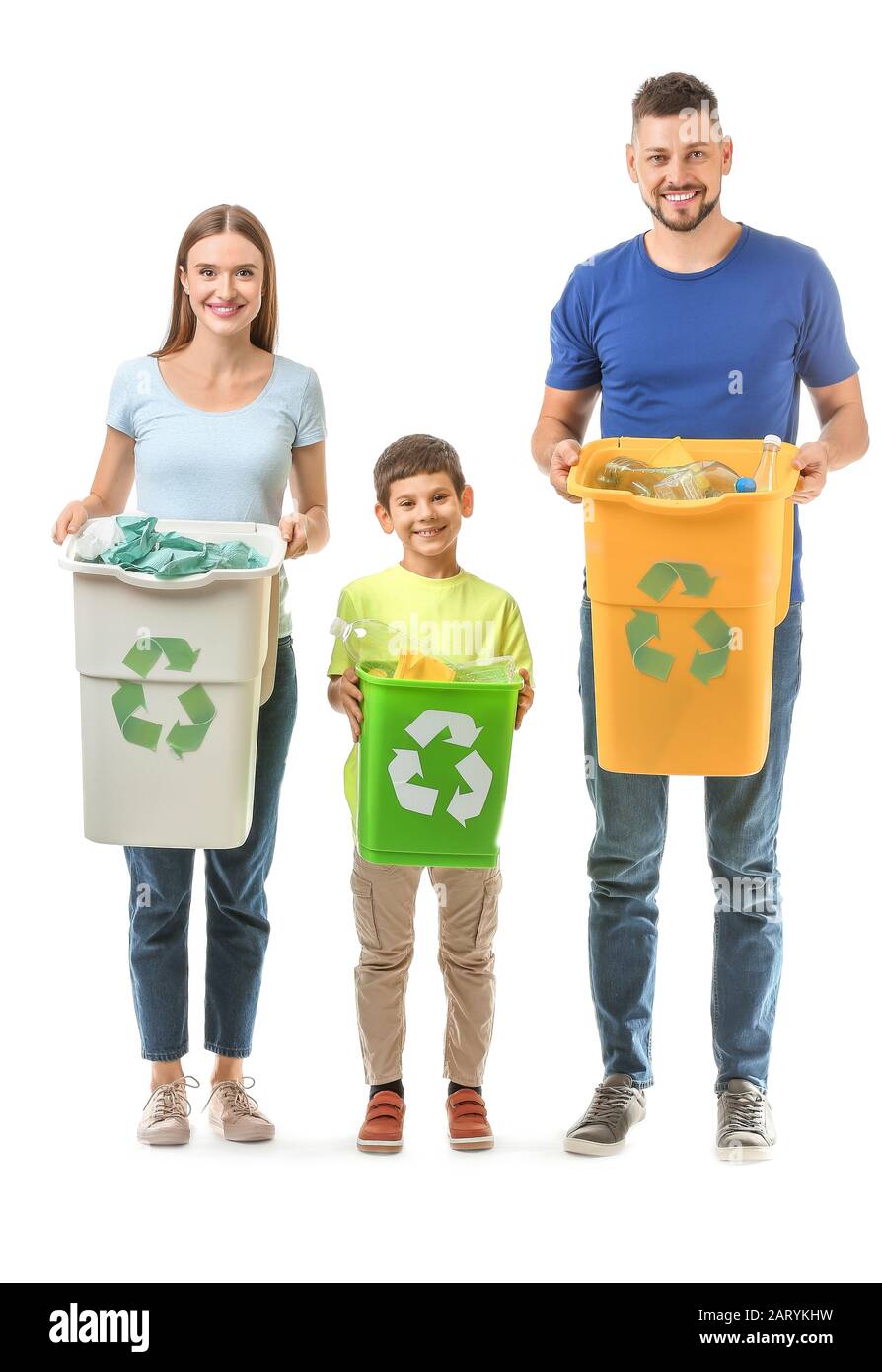 Family with containers for garbage on white background. Concept of ...