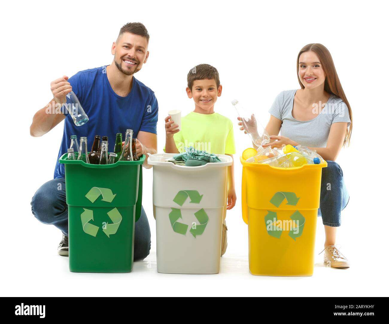 Family with containers for garbage on white background. Concept of ...
