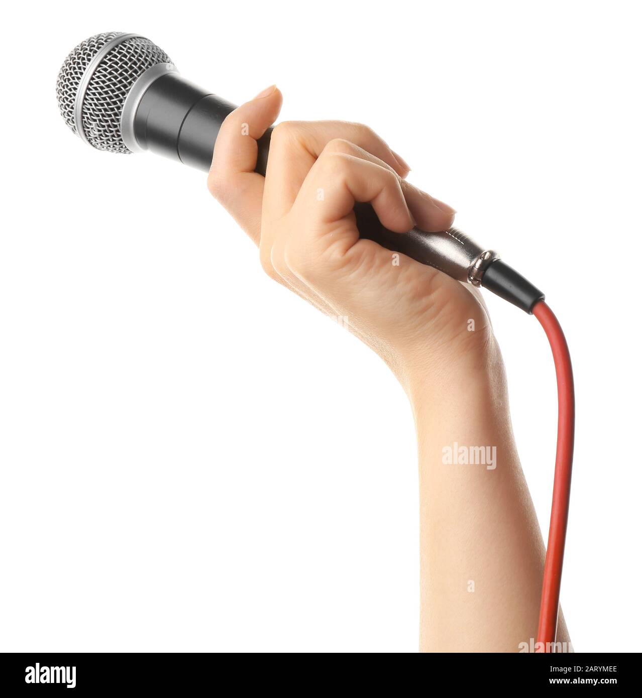 Female hand with microphone on white background Stock Photo - Alamy