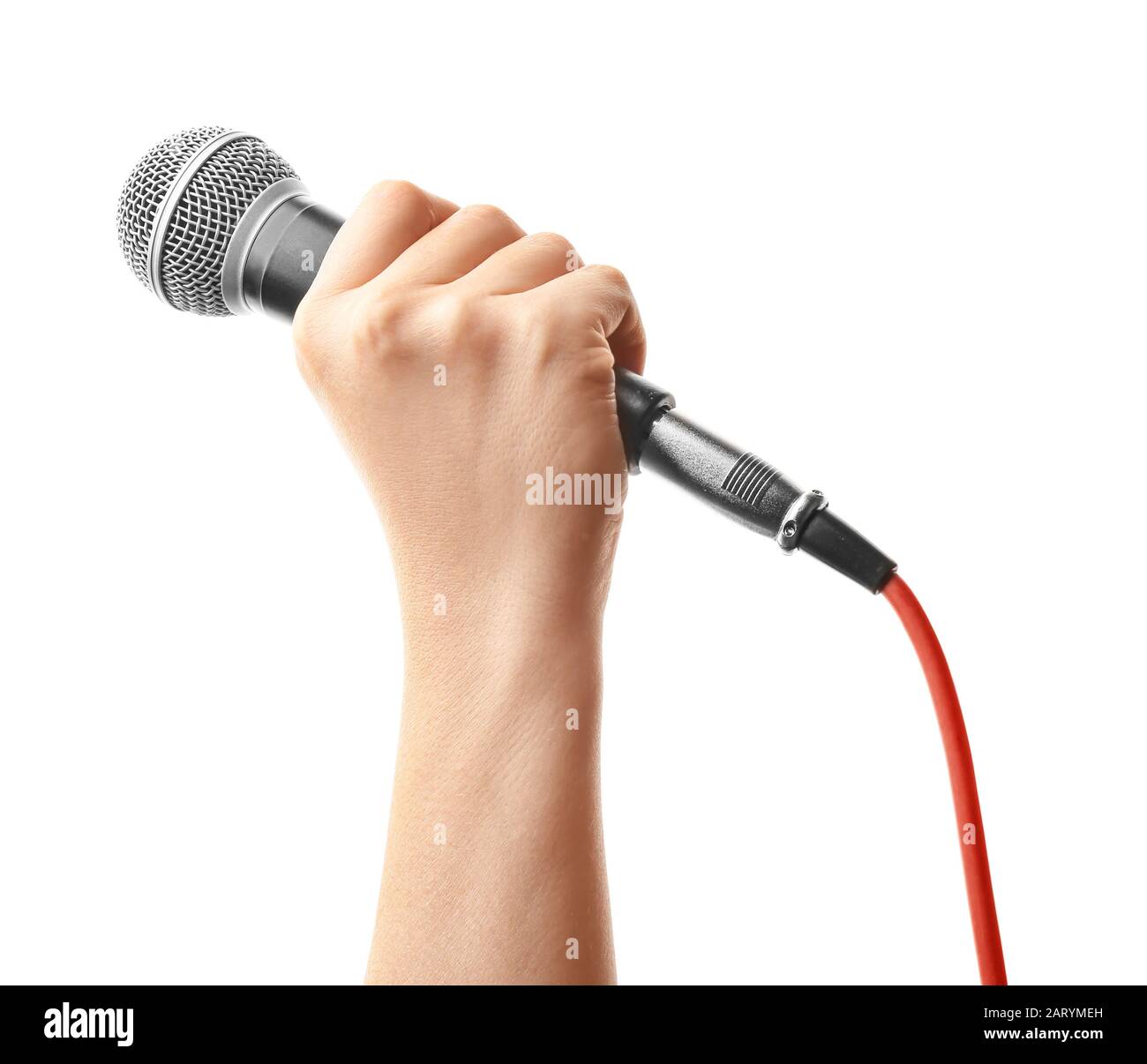 Female hand with microphone on white background Stock Photo - Alamy