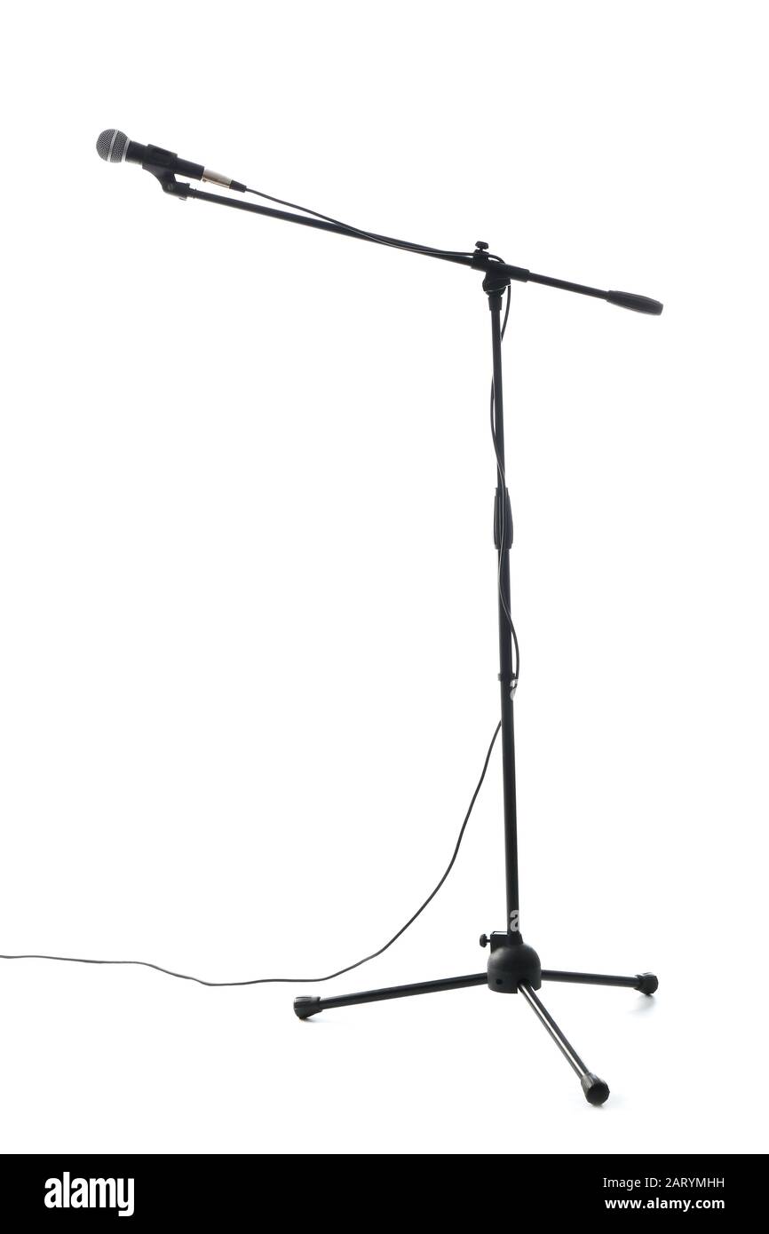 Stand with microphone on white background Stock Photo - Alamy
