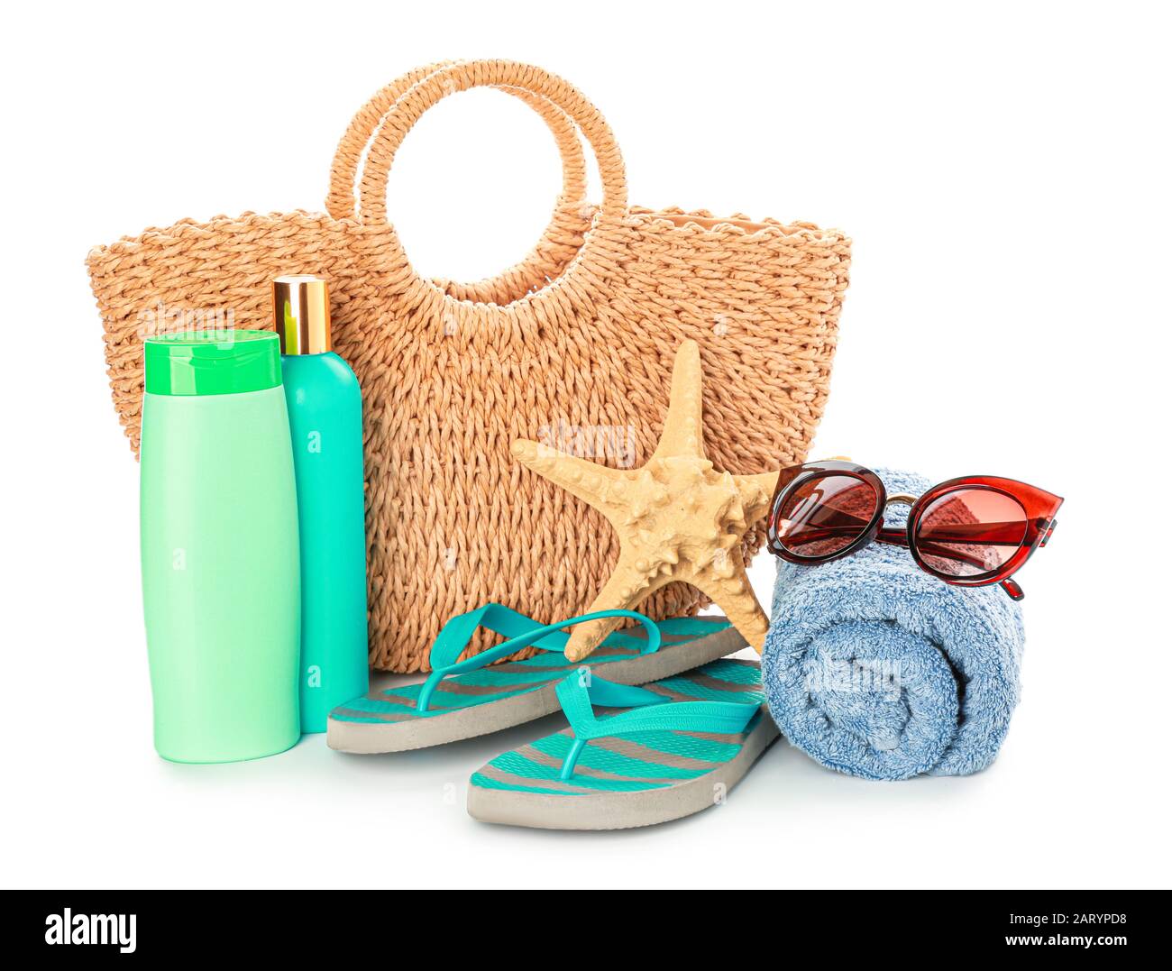 Set of beach accessories on white background Stock Photo - Alamy