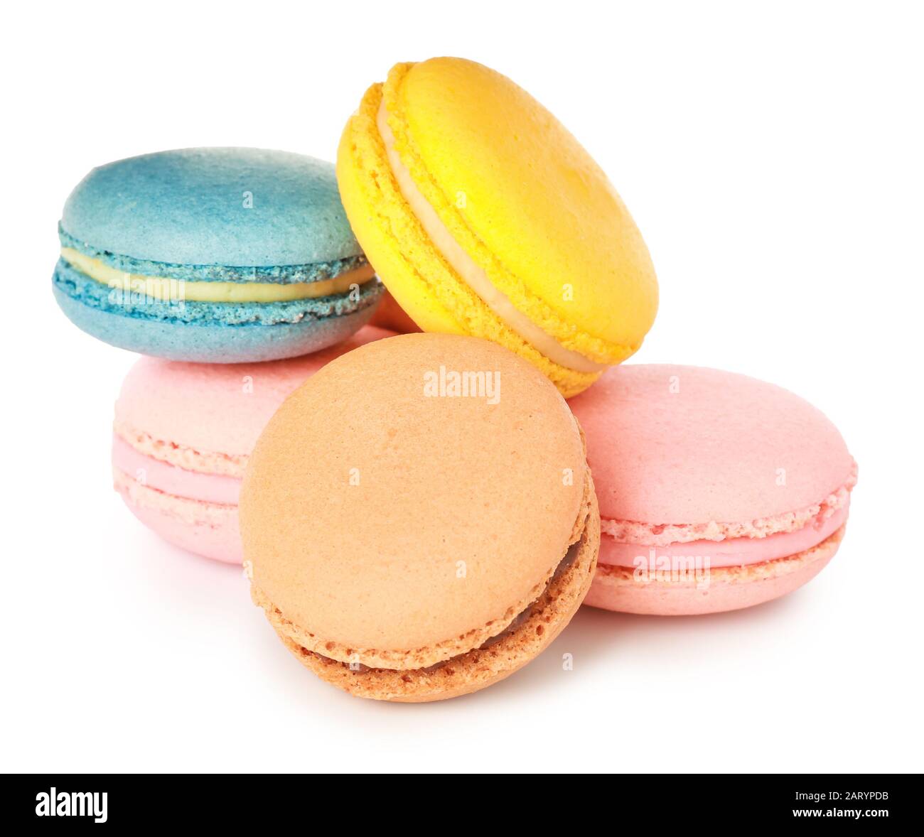 Different tasty macarons on white background Stock Photo - Alamy