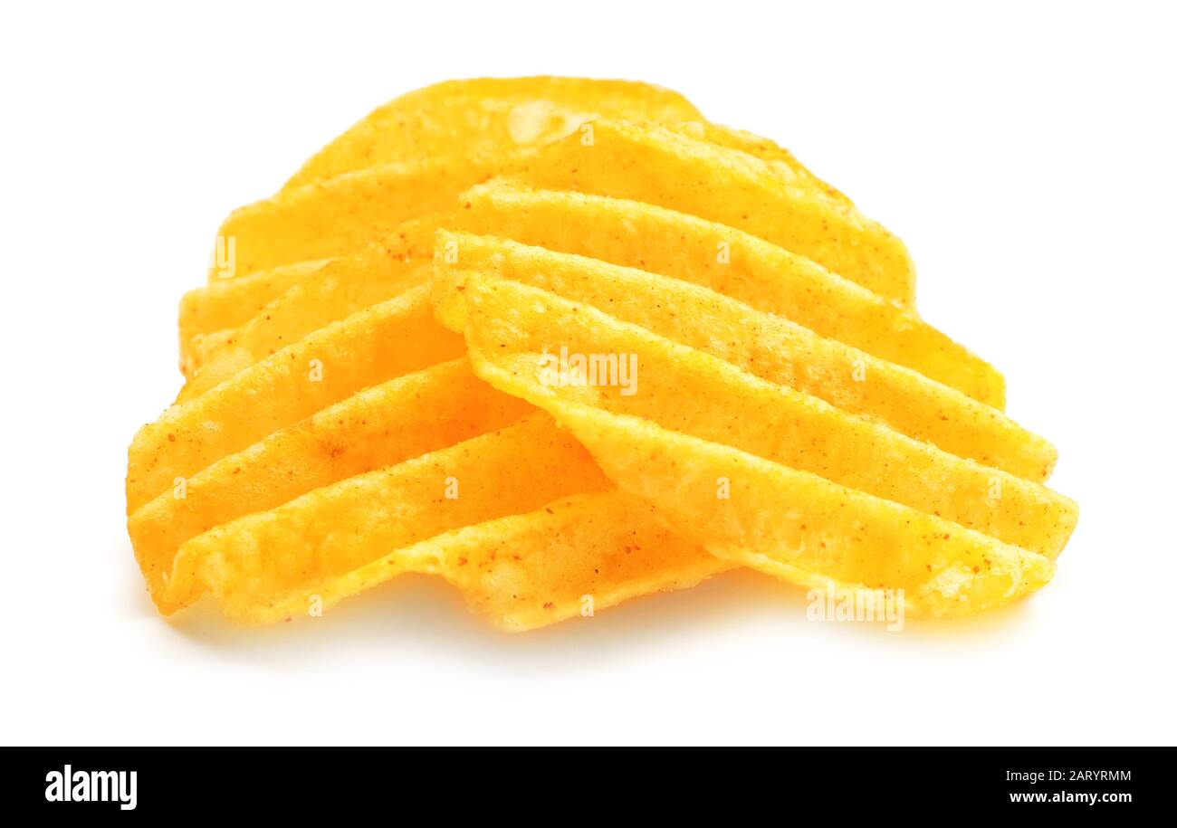 Tasty potato chips isolated on white Stock Photo - Alamy