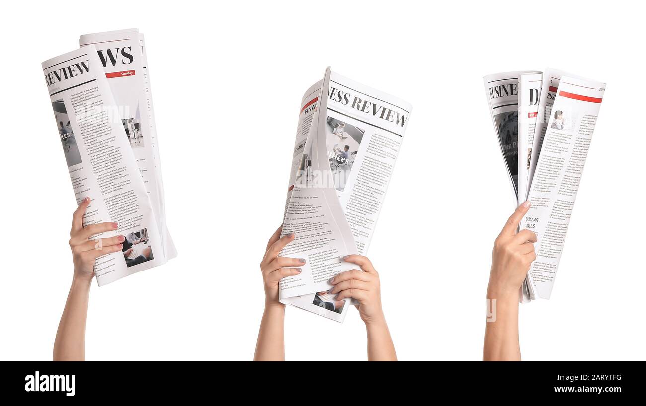 Female hands with newspapers on white background Stock Photo - Alamy