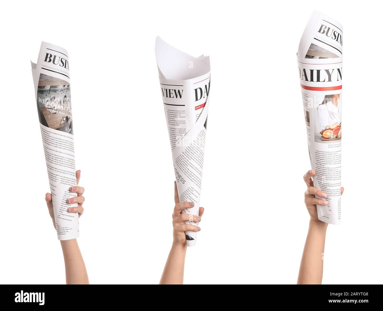 Female hands with newspapers on white background Stock Photo - Alamy