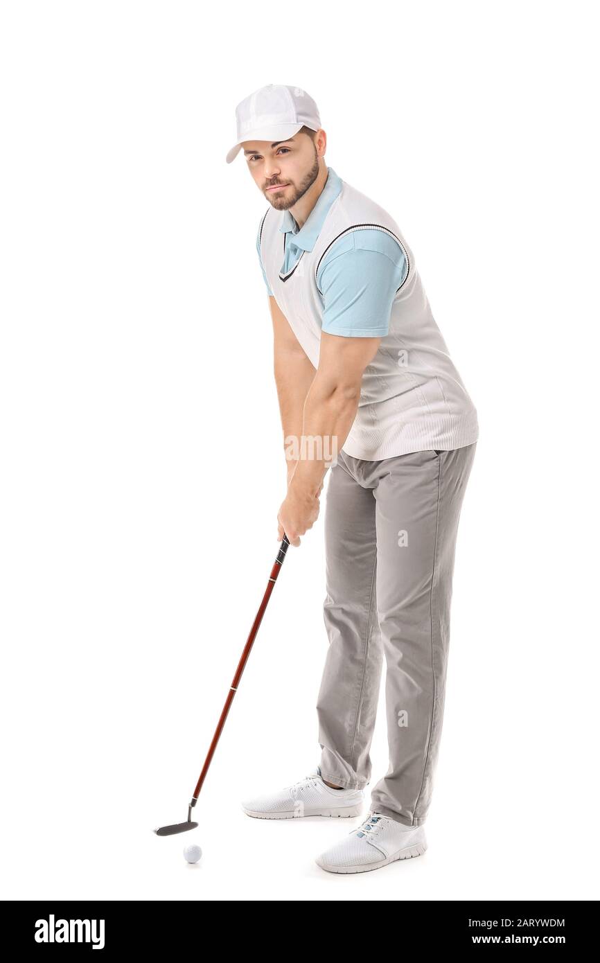 Handsome male golfer isolated on white Stock Photo - Alamy