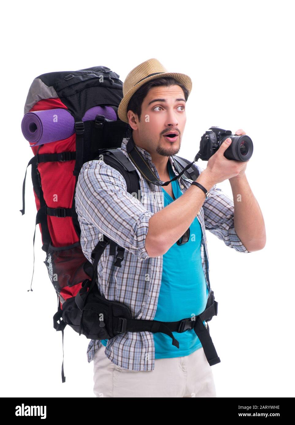 The backpacker with camera isolated on white background Stock Photo - Alamy