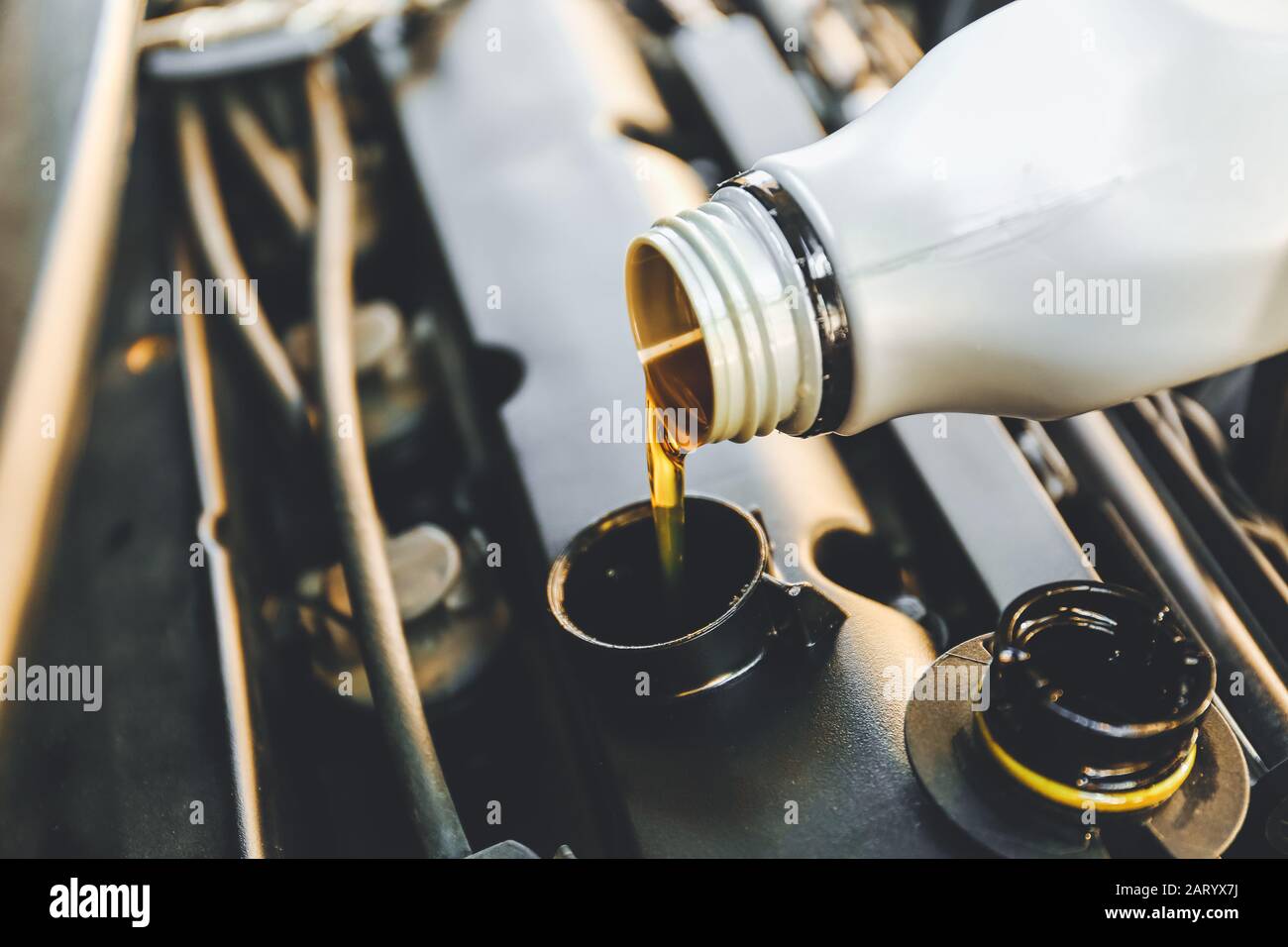 Changing of car engine oil, closeup Stock Photo - Alamy