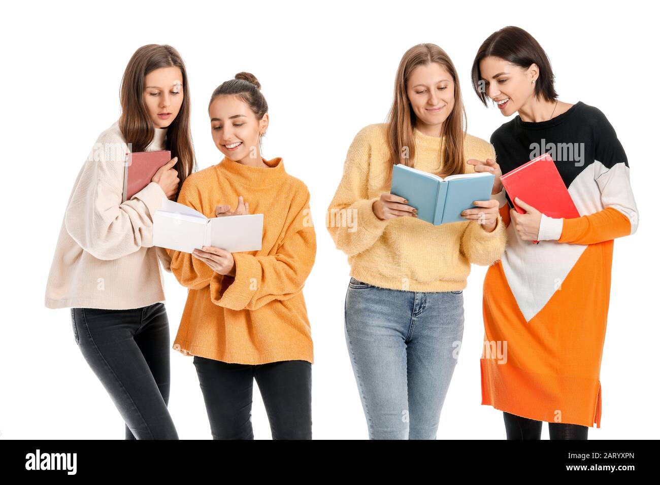 Young women with books on white background Stock Photo - Alamy