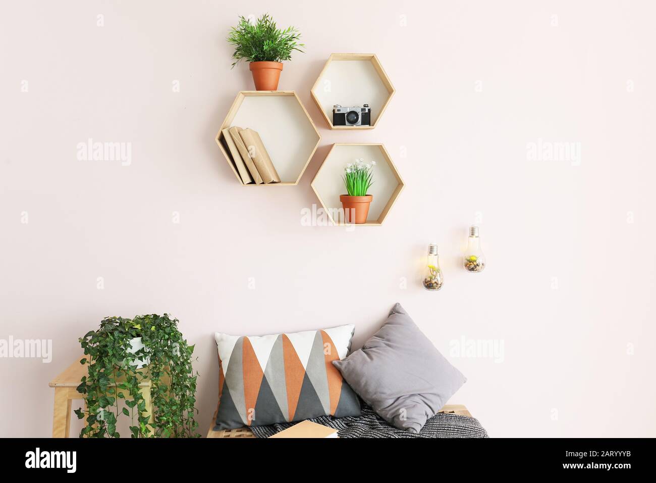 Interior of room with creative shelves Stock Photo - Alamy