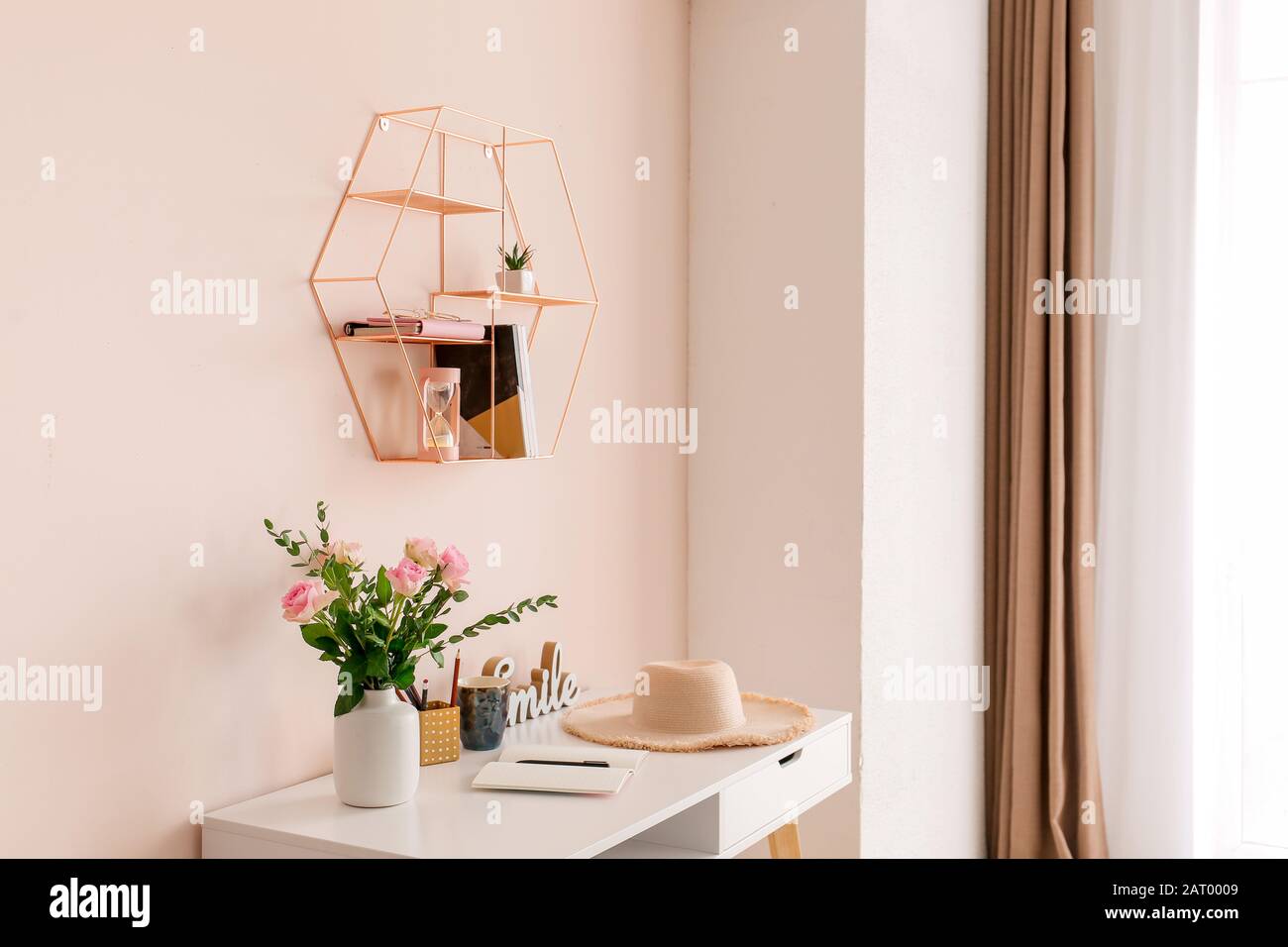 Interior of room with table and shelves Stock Photo - Alamy