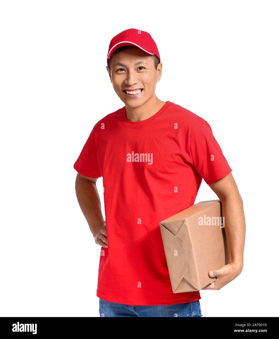 Asian courier with parcel on white background Stock Photo - Alamy