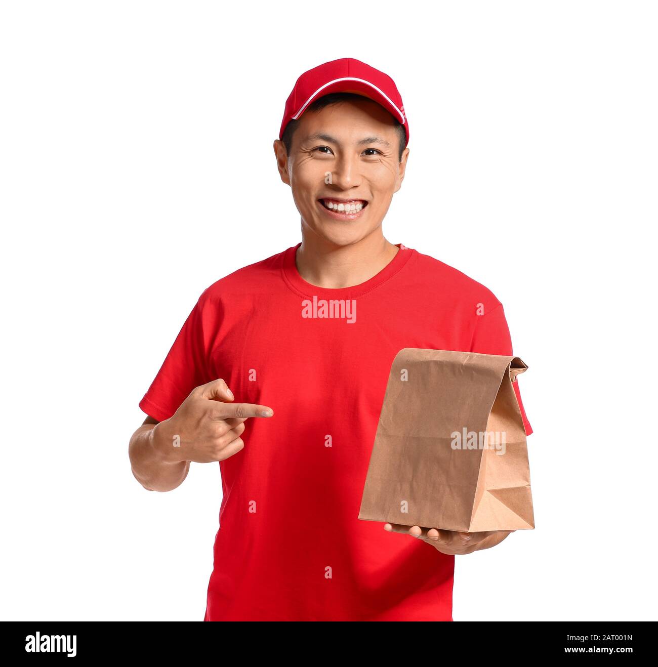 Asian worker of food delivery service on white background Stock Photo ...