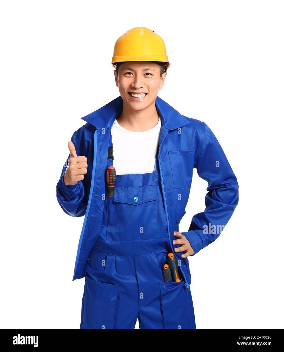 Handsome Asian worker showing thumb-up on white background Stock Photo ...