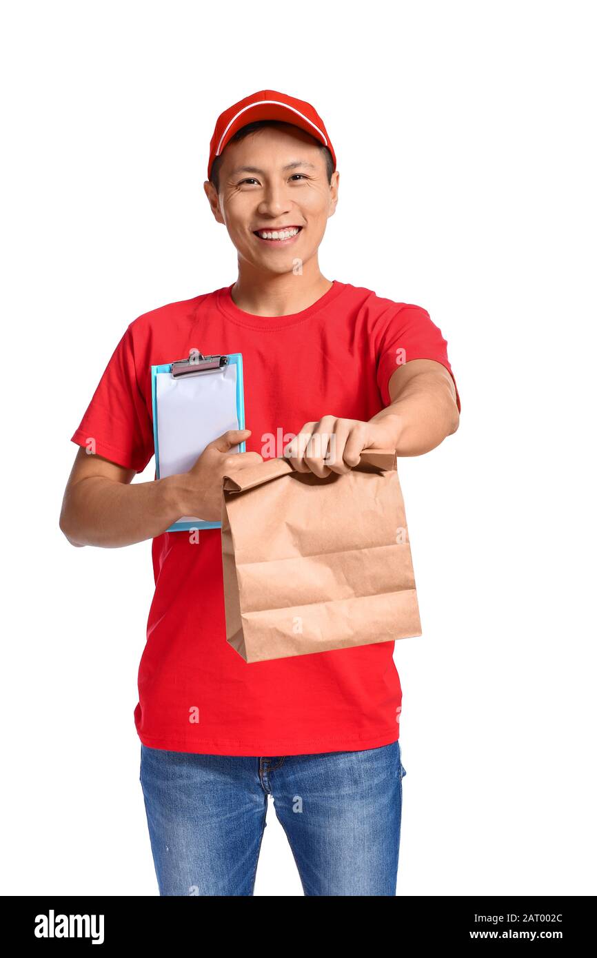 Asian worker of food delivery service on white background Stock Photo ...