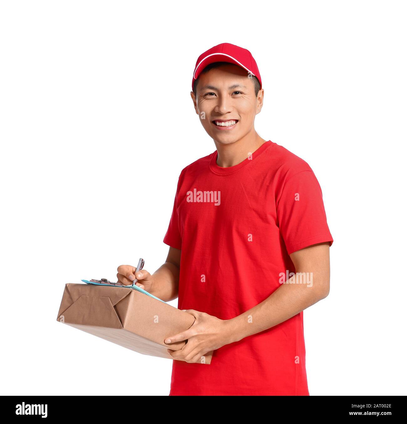 Asian courier with parcel on white background Stock Photo - Alamy