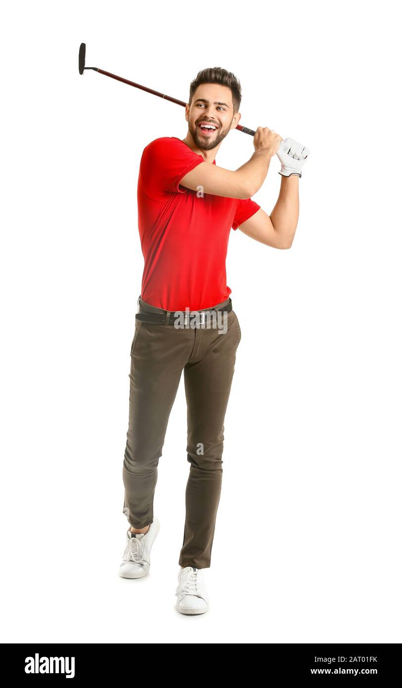 Handsome male golfer on white background Stock Photo - Alamy