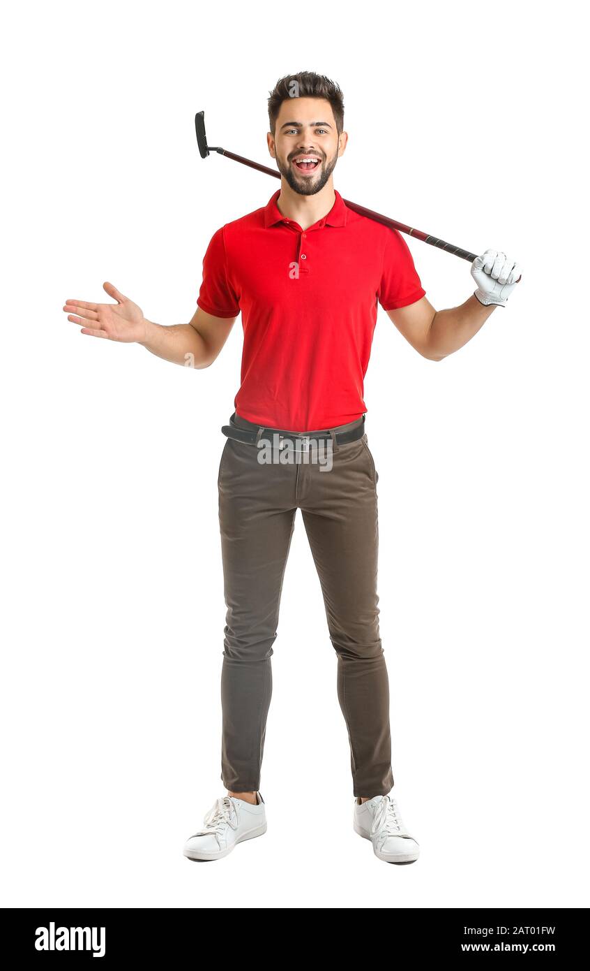 Handsome male golfer on white background Stock Photo - Alamy