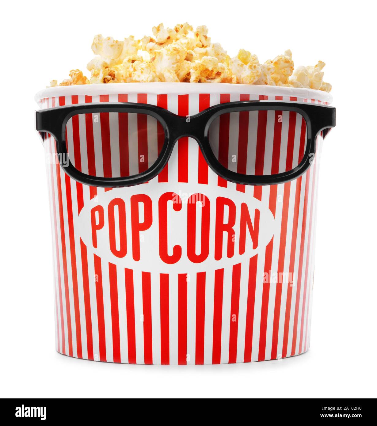 Bucket with tasty popcorn and 3D glasses on white background Stock ...