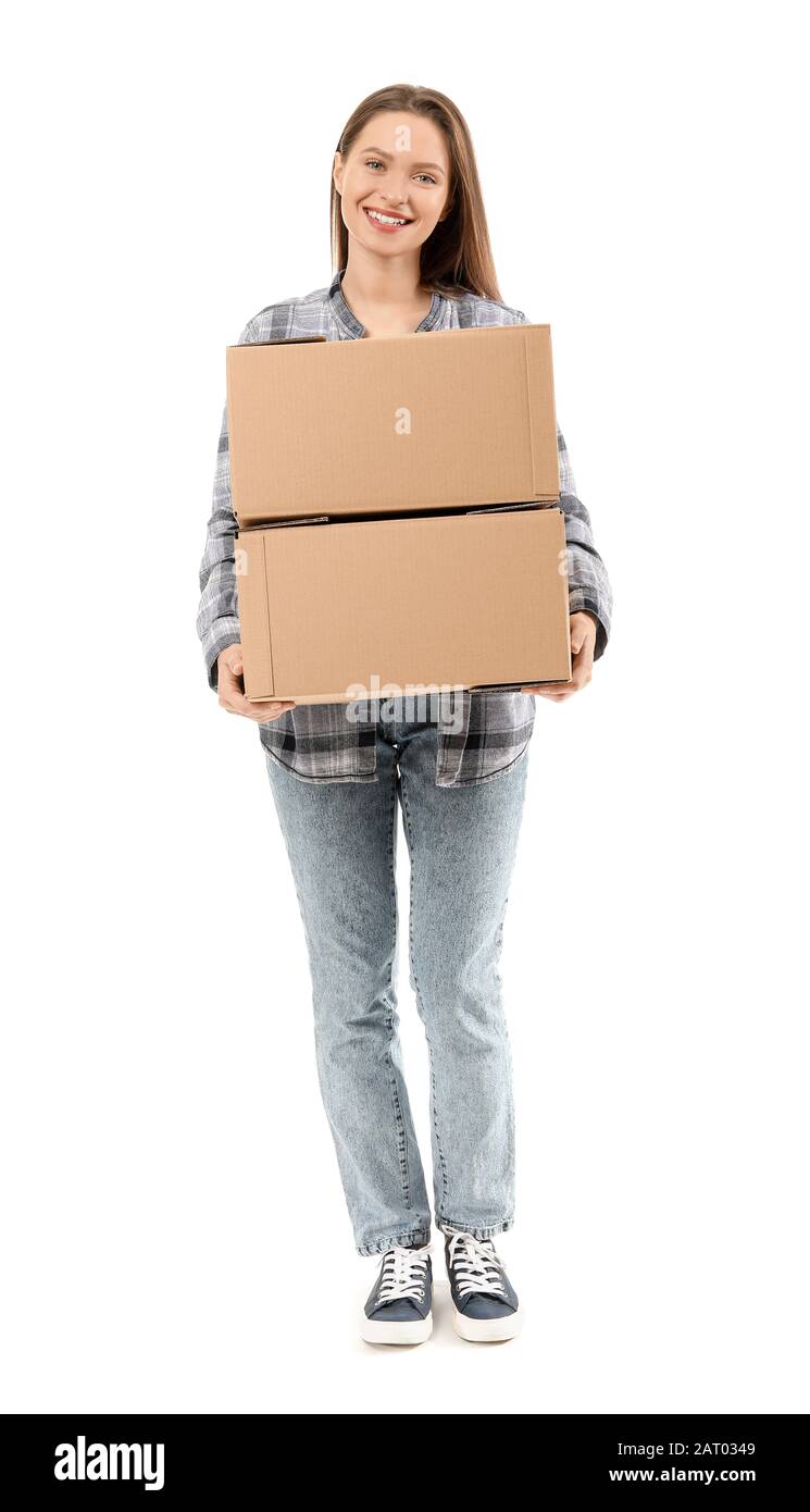 Young woman with moving boxes on white background Stock Photo - Alamy