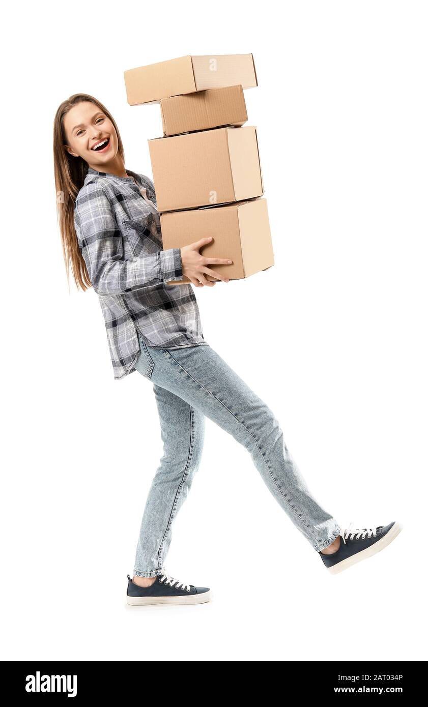 Young woman with moving boxes on white background Stock Photo - Alamy