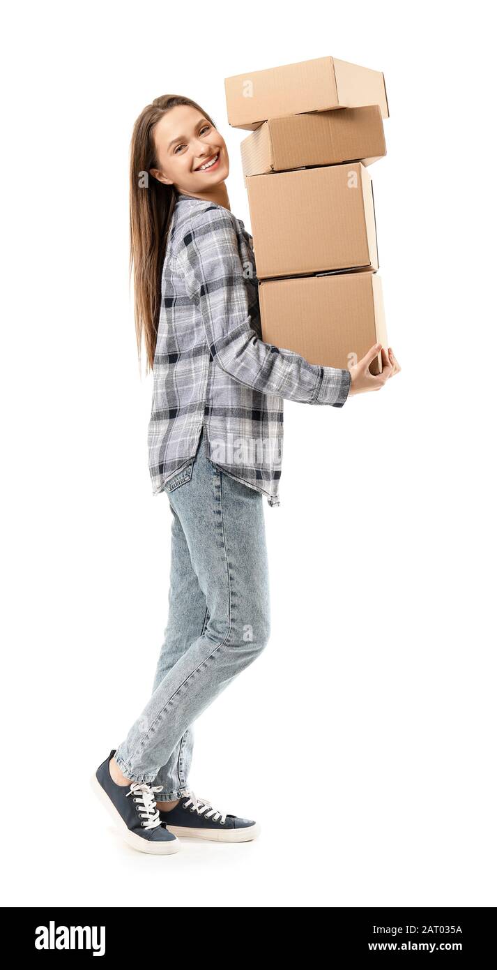 Young woman with moving boxes on white background Stock Photo - Alamy