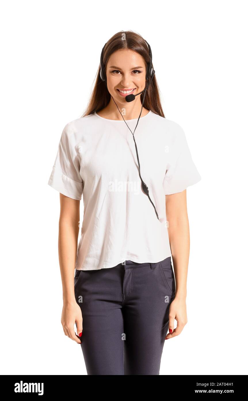 Female technical support agent on white background Stock Photo - Alamy