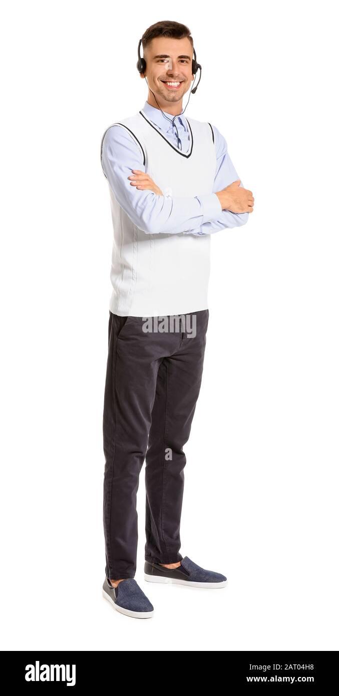 Male technical support agent on white background Stock Photo - Alamy