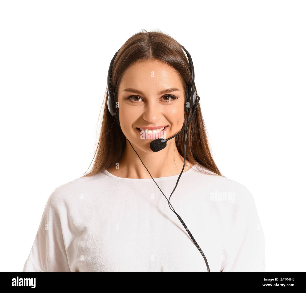 Female technical support agent on white background Stock Photo - Alamy
