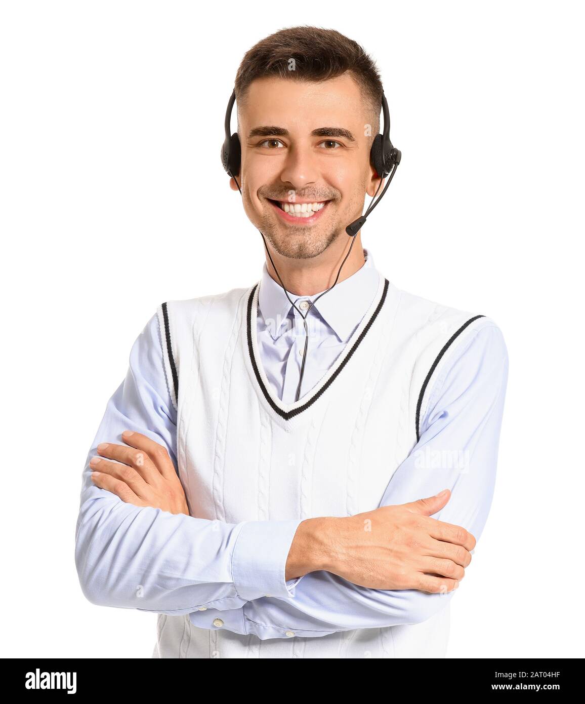 Male technical support agent on white background Stock Photo - Alamy