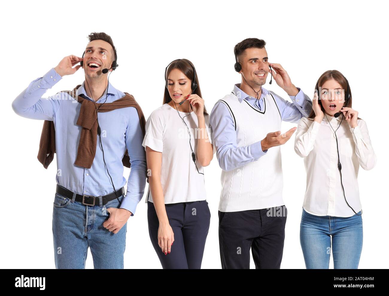 Team of technical support agents on white background Stock Photo - Alamy