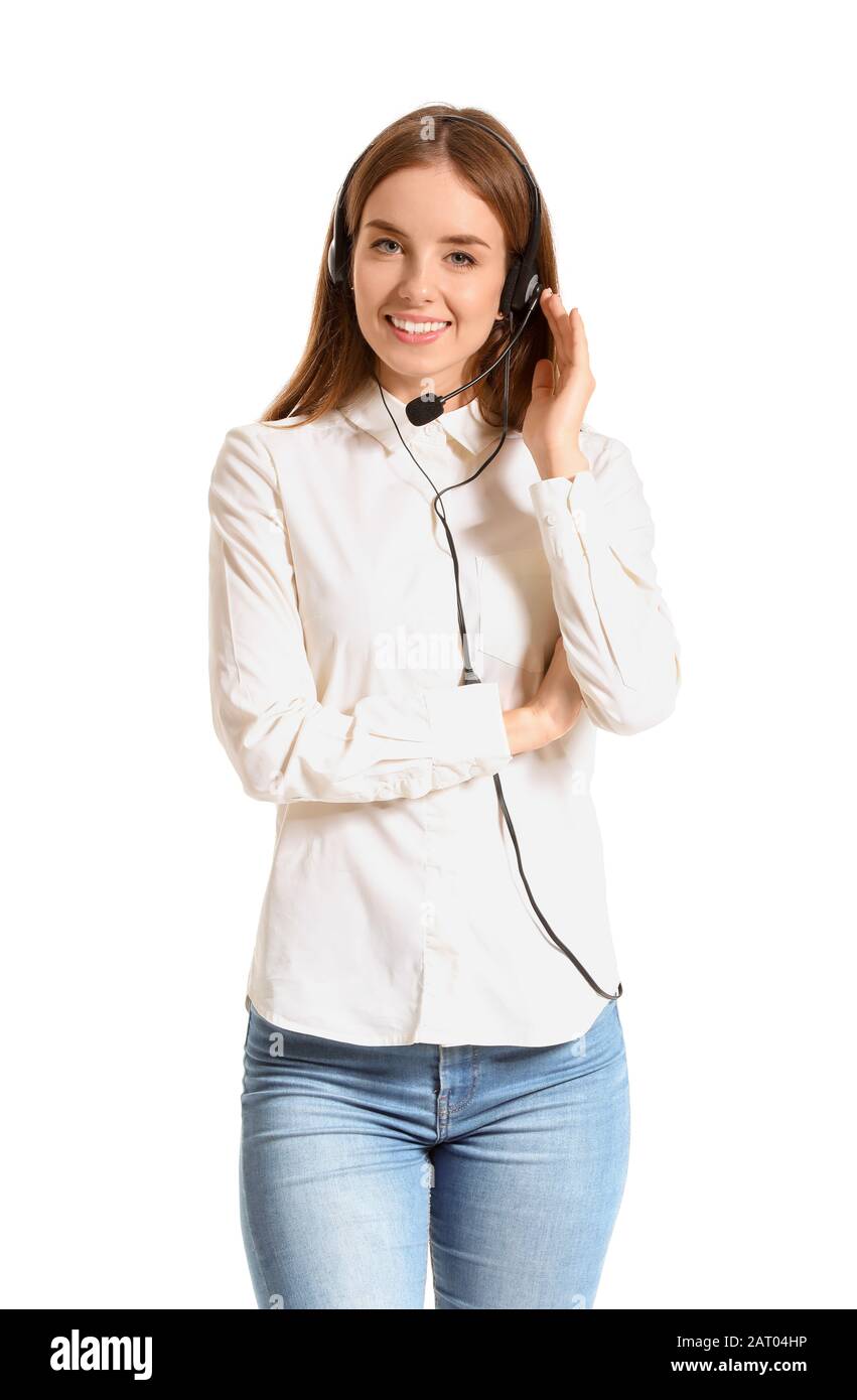 Female technical support agent on white background Stock Photo - Alamy