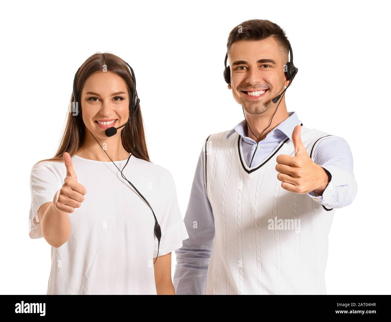 Team of technical support agents showing thumb-up gesture on white ...