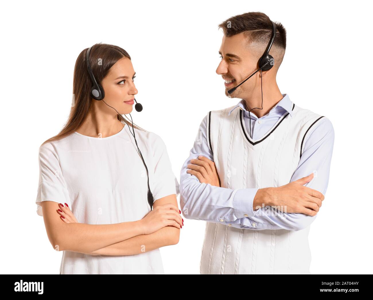 Team of technical support agents on white background Stock Photo - Alamy