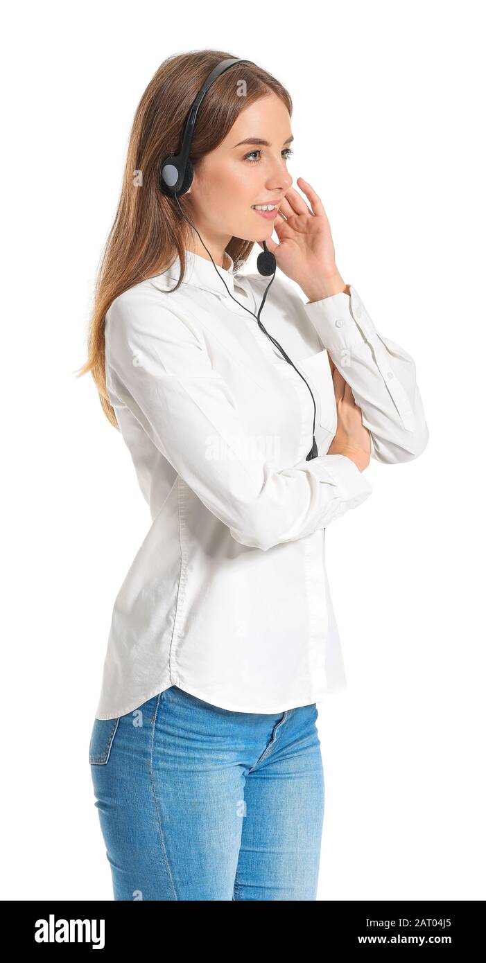Female technical support agent on white background Stock Photo - Alamy