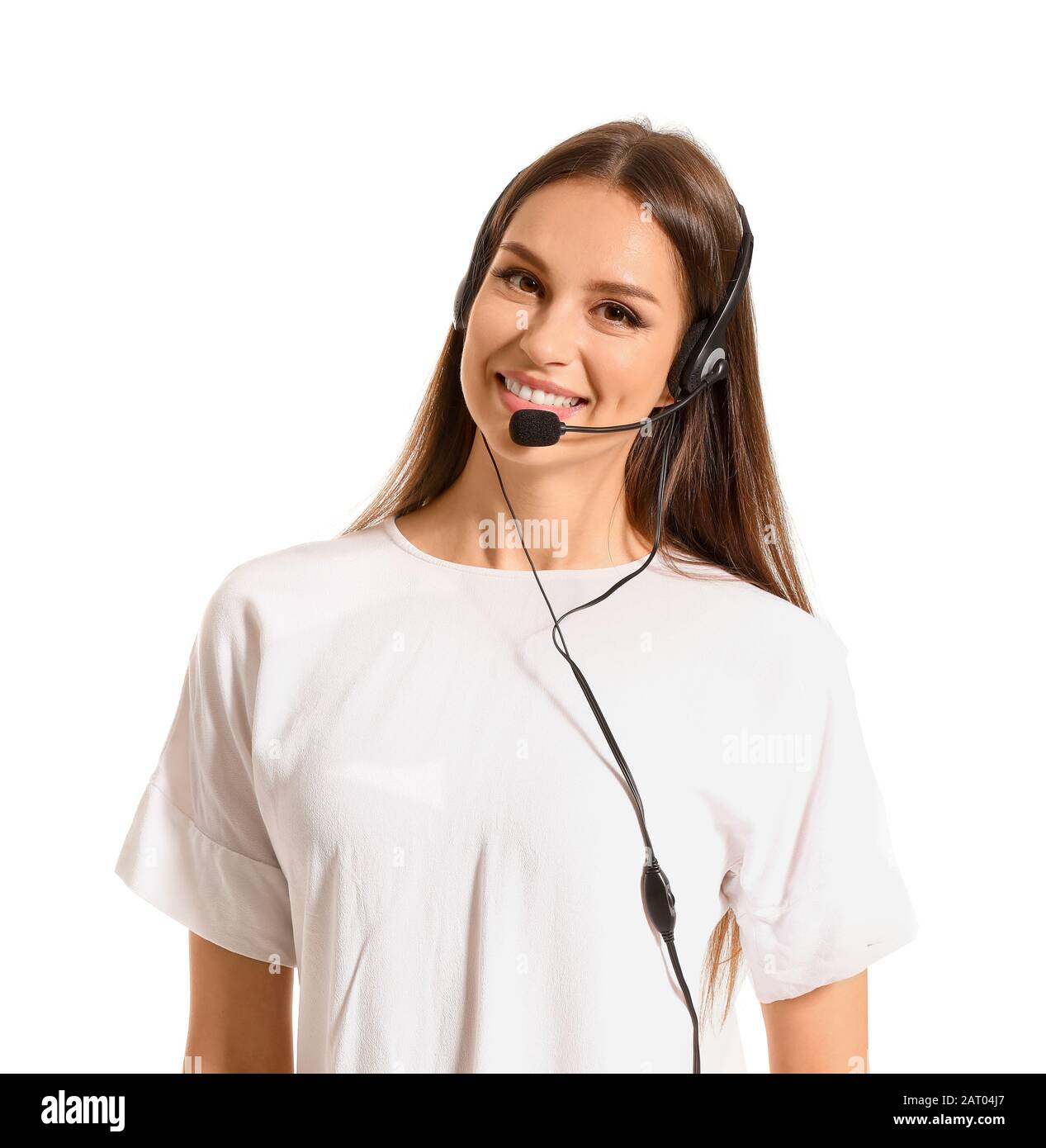 Female technical support agent on white background Stock Photo - Alamy