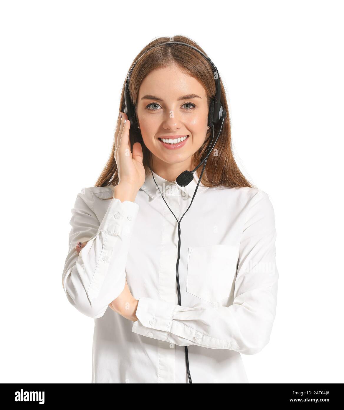 Female technical support agent on white background Stock Photo - Alamy