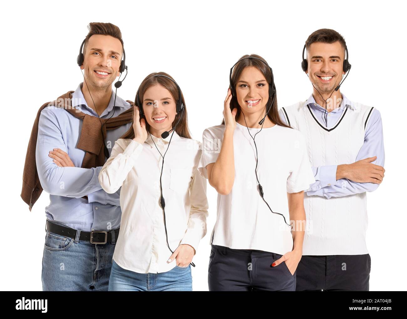 Team of technical support agents on white background Stock Photo - Alamy