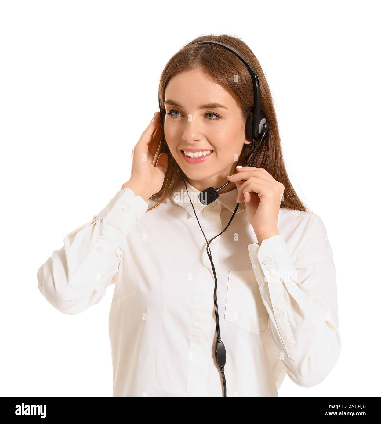 Female technical support agent on white background Stock Photo - Alamy