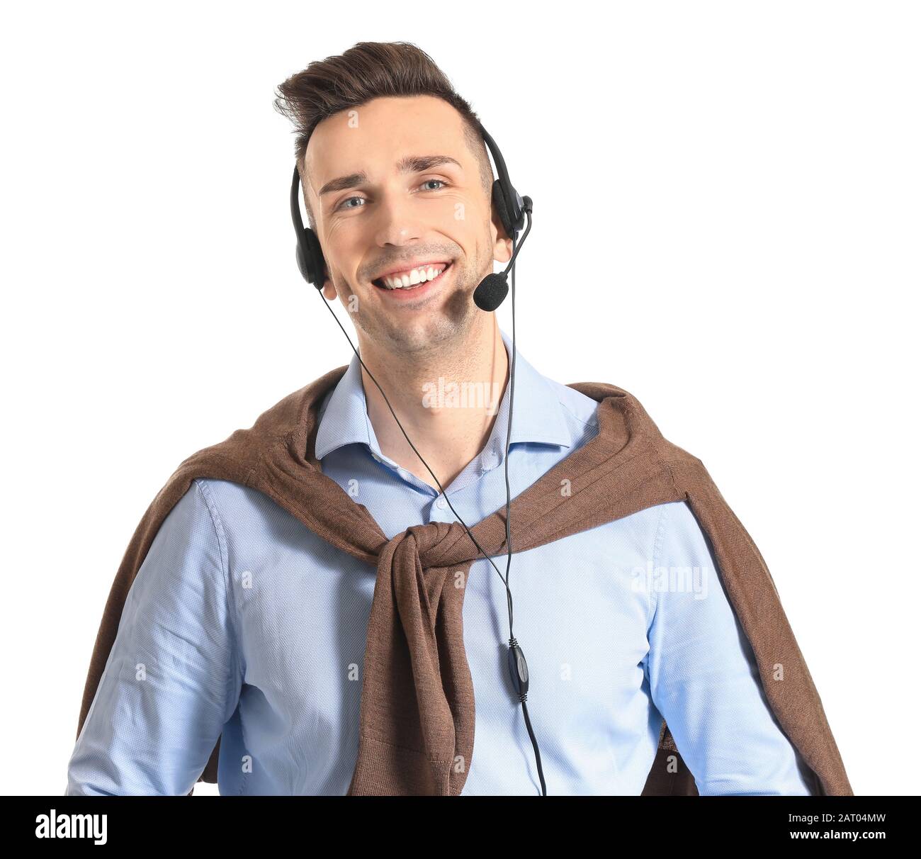 Male technical support agent on white background Stock Photo - Alamy