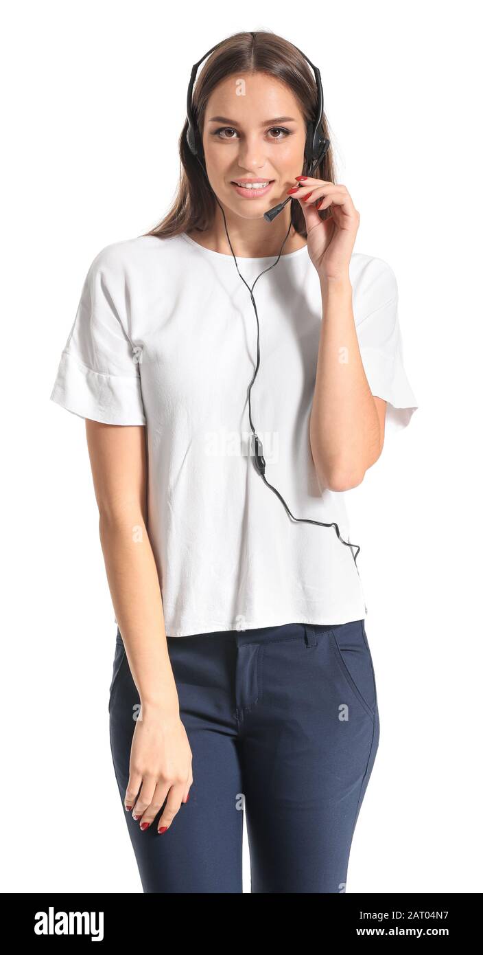 Female technical support agent on white background Stock Photo - Alamy