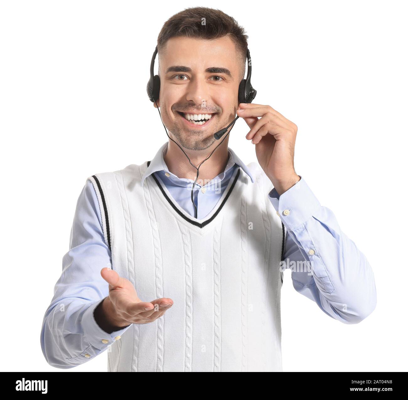 Male technical support agent on white background Stock Photo - Alamy