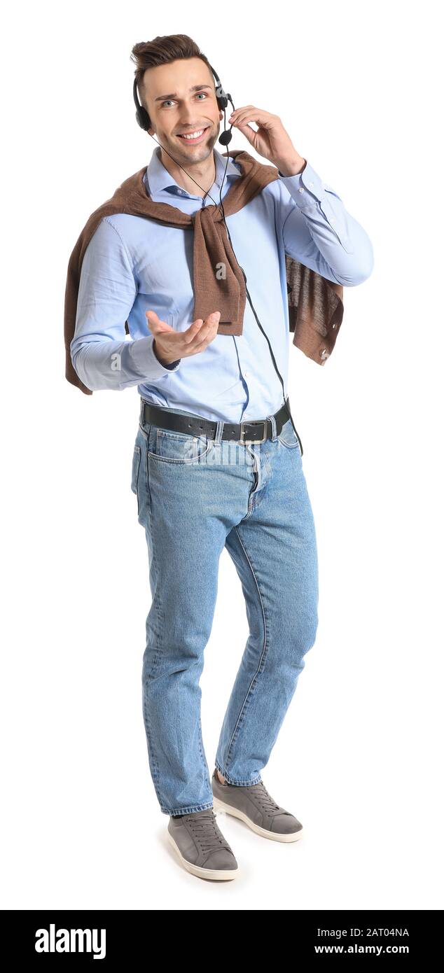 Male technical support agent on white background Stock Photo - Alamy