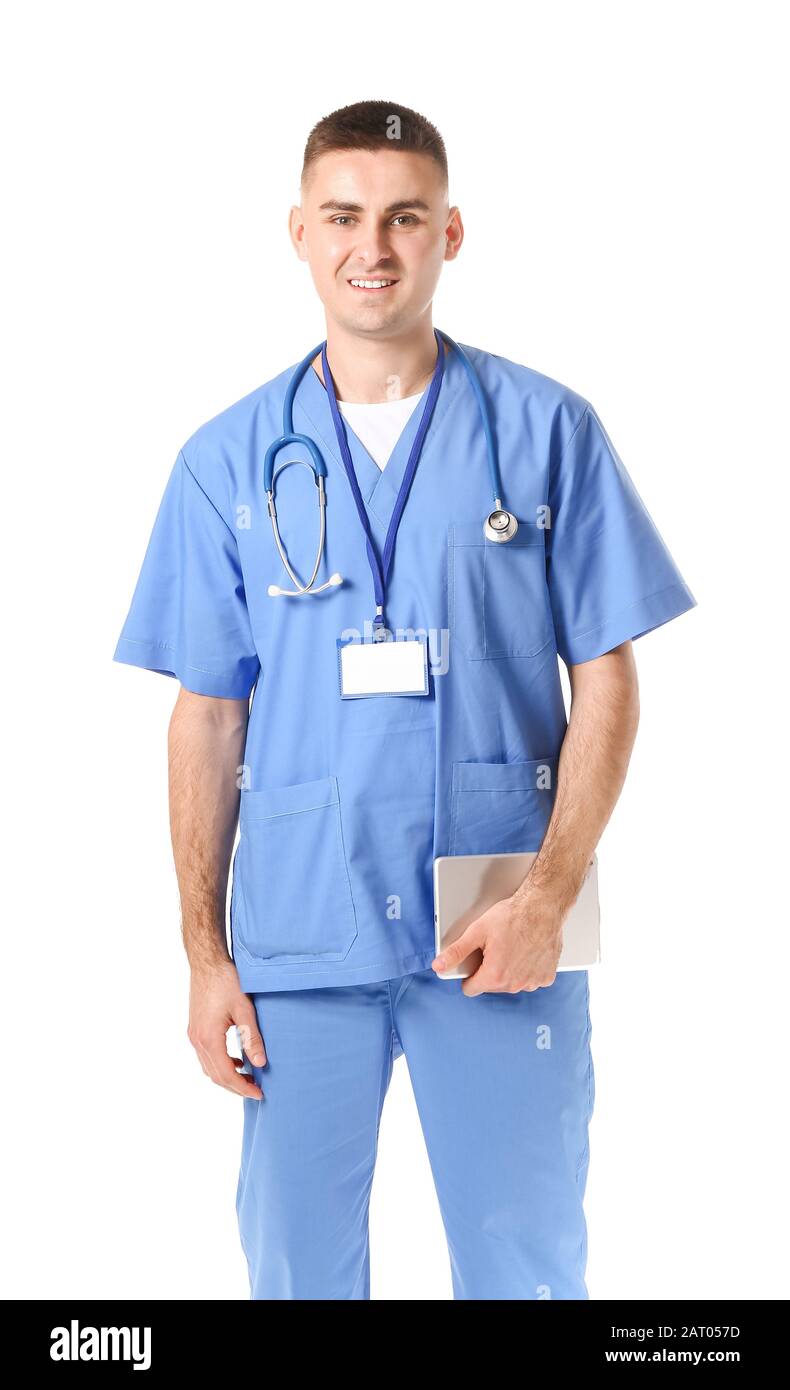 Male medical student with tablet computer on white background Stock ...