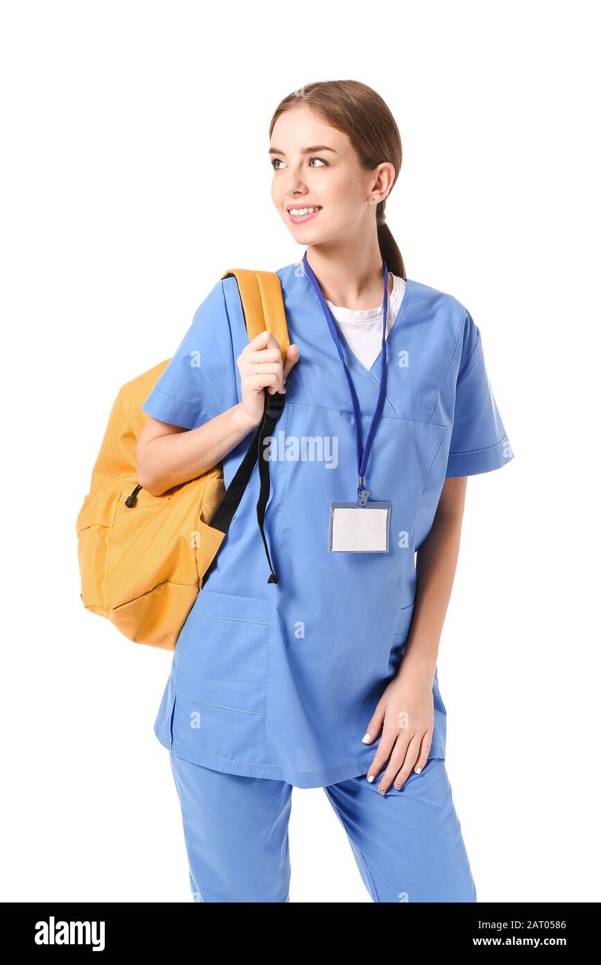Female medical student with backpack on white background Stock Photo ...