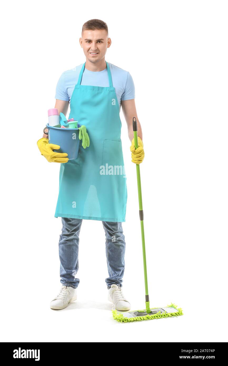 Portrait of janitor with cleaning supplies on white background Stock ...